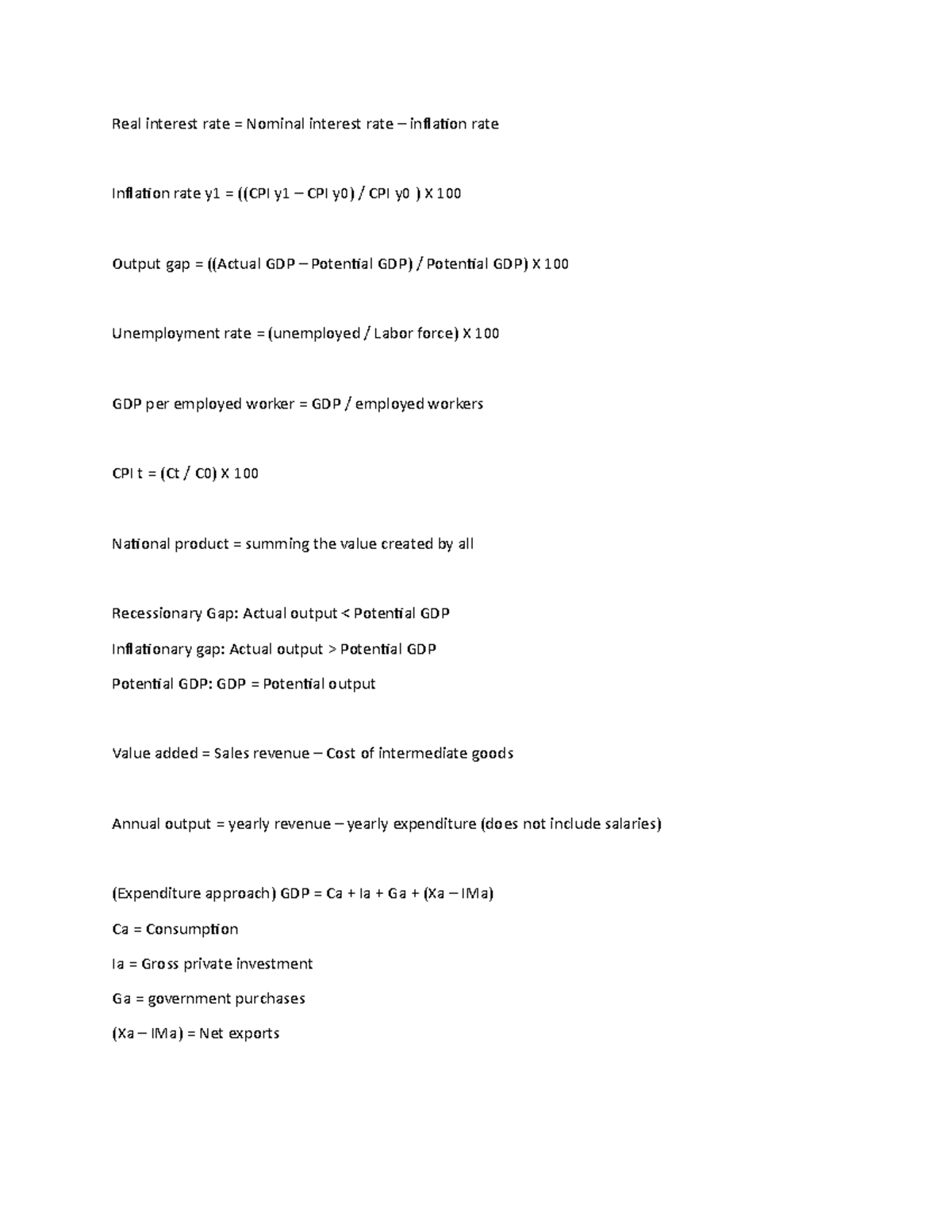 Economy formulas Mid 1- 2022-2023 - Real interest rate = Nominal ...