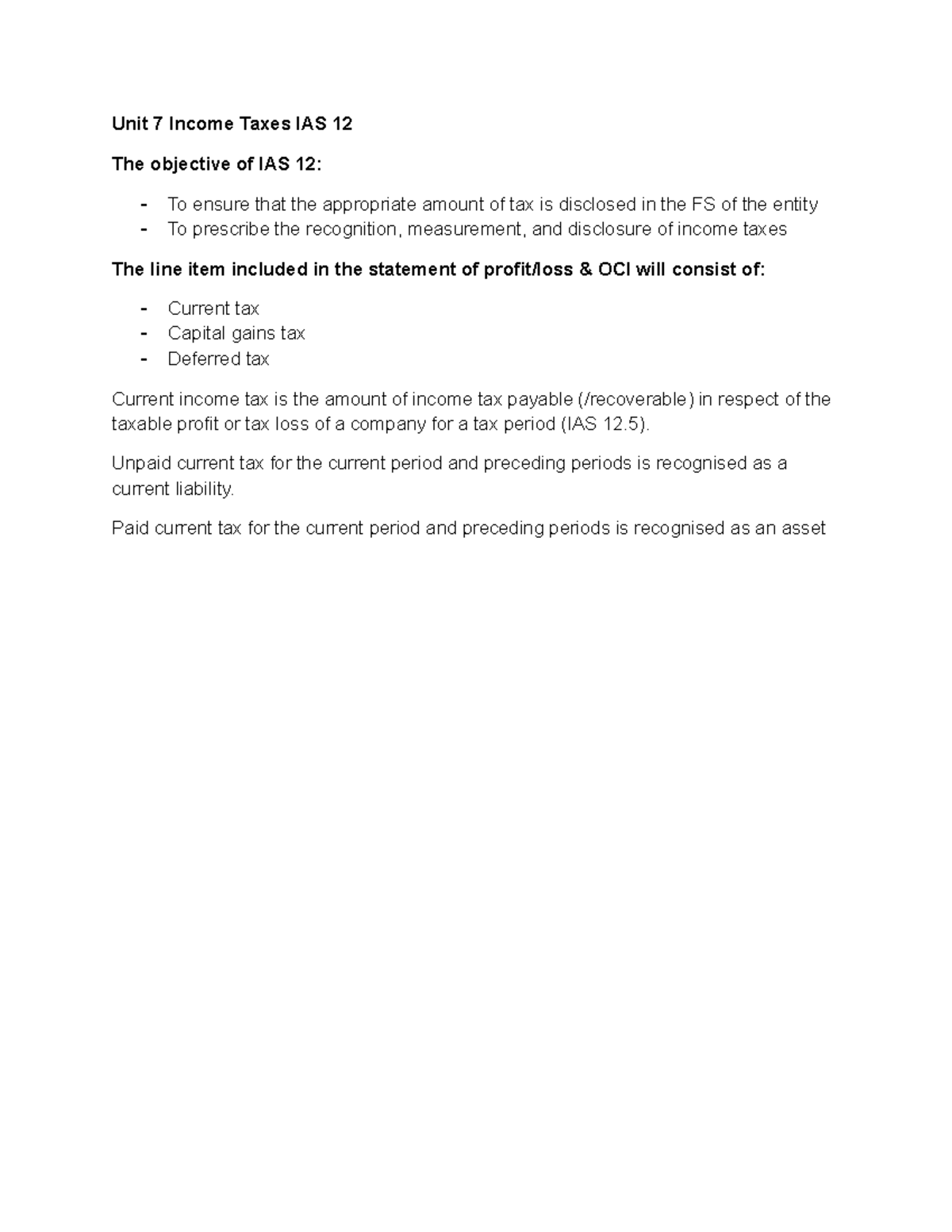 Unit 7 Income Taxes IAS 12 - Unit 7 Income Taxes IAS 12 The objective ...