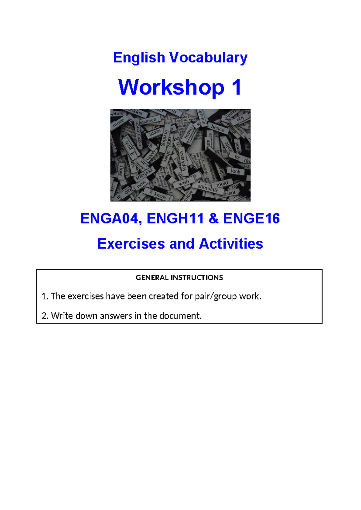 Workshop 1 Vocabulary Exercises and Activities - English Vocabulary ...