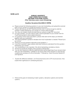 Take Home Exam 3 - Take Home Exam 3 - NAME and ID: SABANCI UNIVERSITY CS307 OPERATING SYSTEMS ...