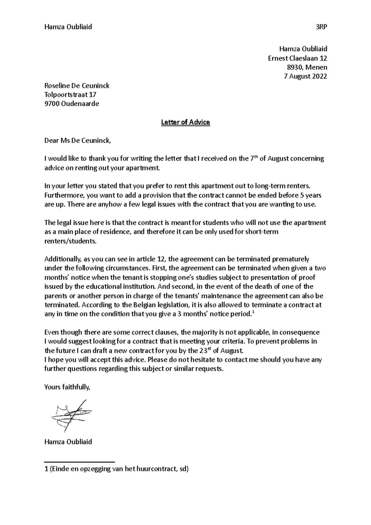 Letter of Advice Hamza English 3 Resit - Hamza Oubliaid 3RP Hamza ...