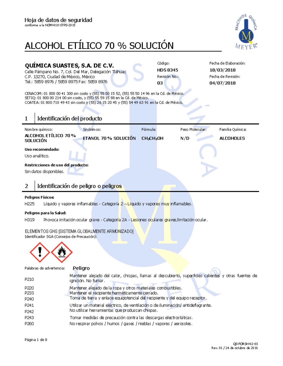 Alcohol etilico 70 - Hoja de seguridad en Buhler - conforme a la NOM- 018 - STPS- 2015 ALCOHOL ...