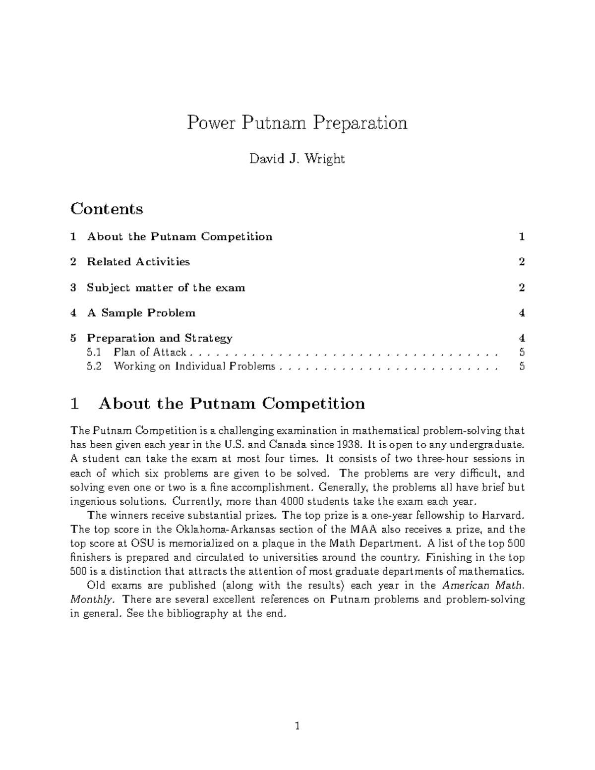 Putnam hints - Power Putnam Preparation David J. Wright Contents 1 ...