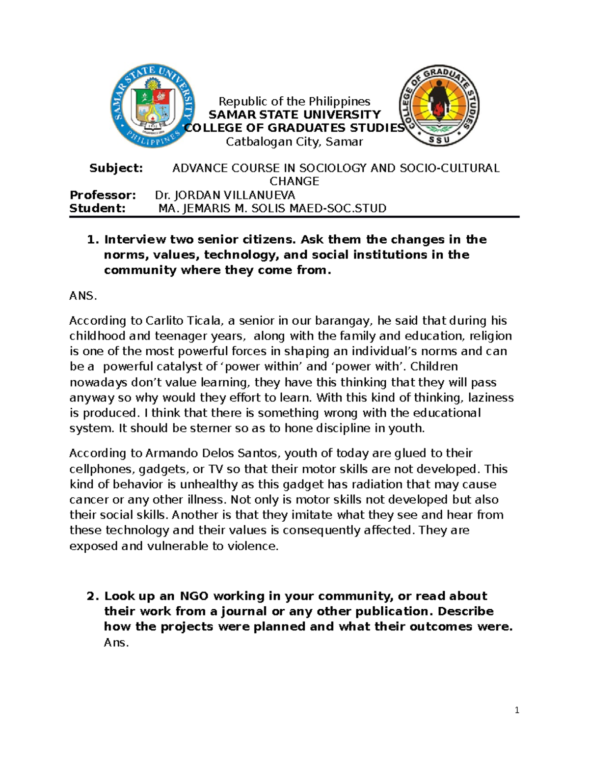 Masteral - Answers to given exams - Republic of the Philippines SAMAR ...