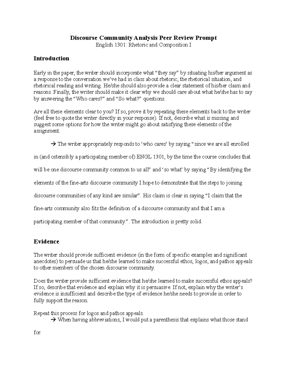 DCA Peer Review Prompt - Discourse Community Analysis Peer Review ...