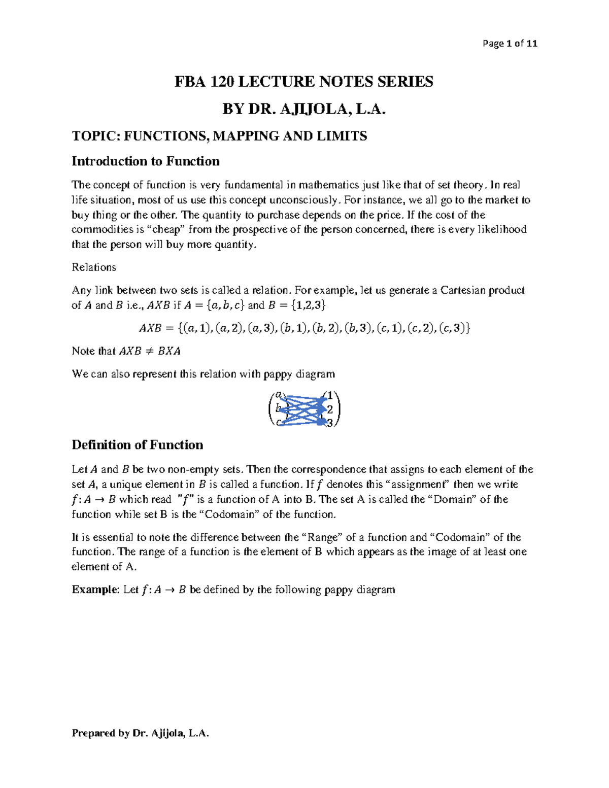 Lecture Notes on Functions, Mappig and Limits by Dr Ajijola - FBA 120 ...