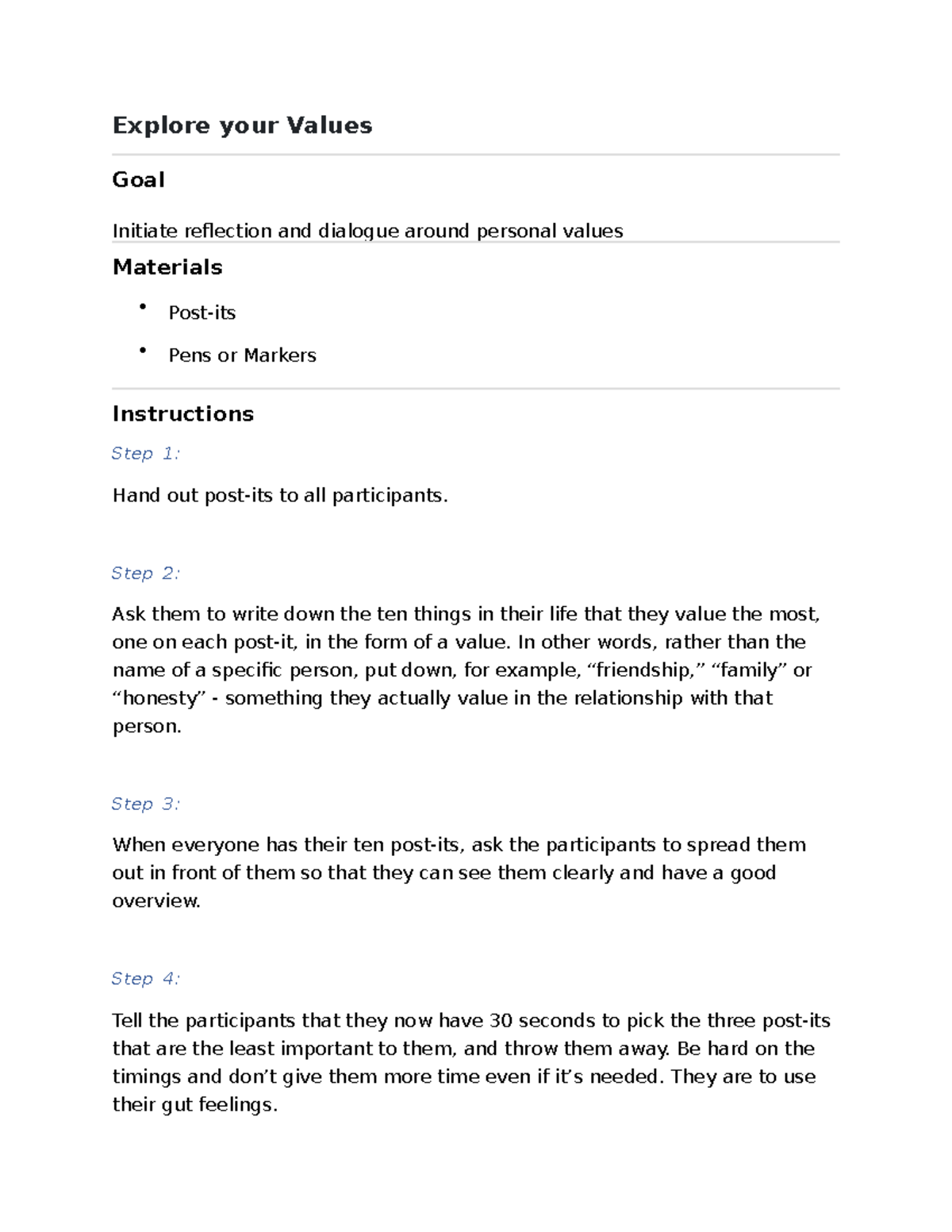 Explore your Values Exercise - Explore your Values Goal Initiate ...