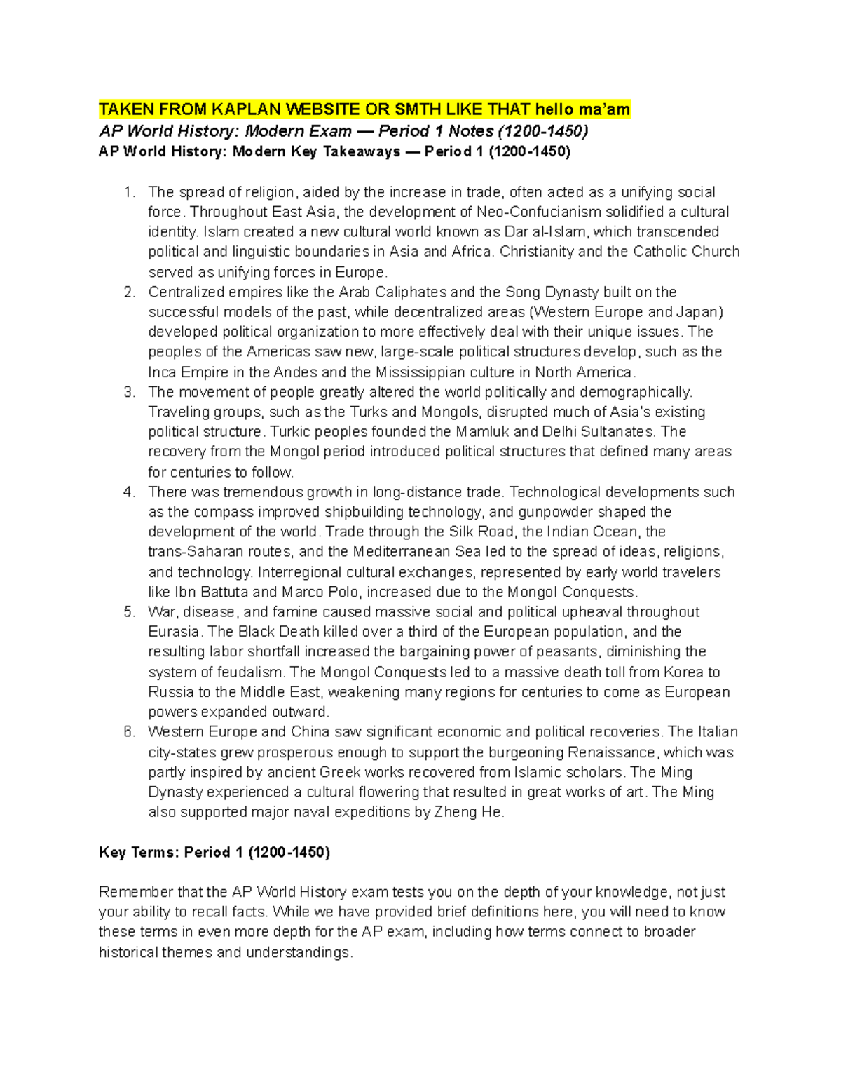 Kaplan AP World Notes - TAKEN FROM KAPLAN WEBSITE OR SMTH LIKE THAT ...