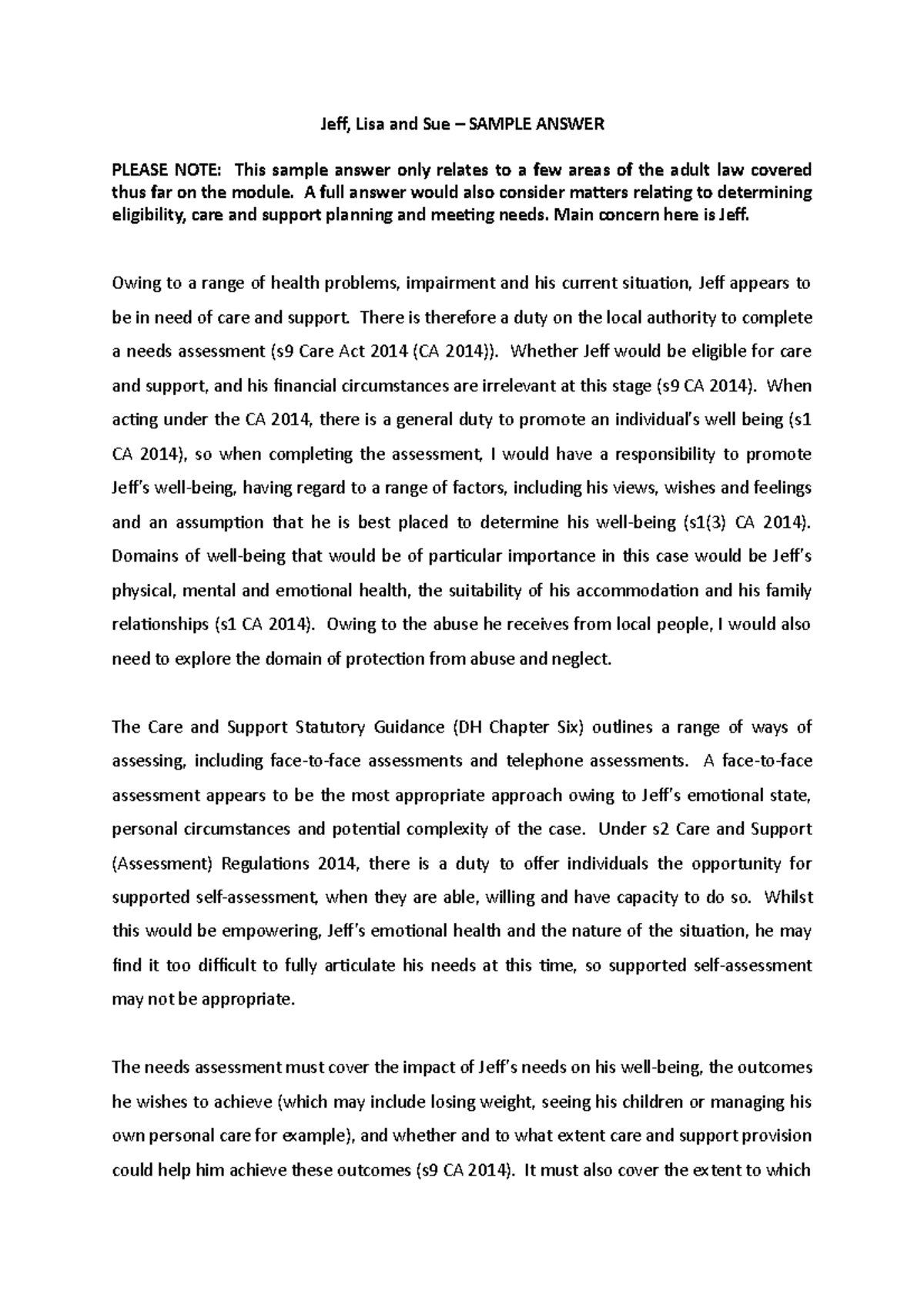 Jeff and Lisa Sample answer - Jeff, Lisa and Sue – SAMPLE ANSWER PLEASE ...