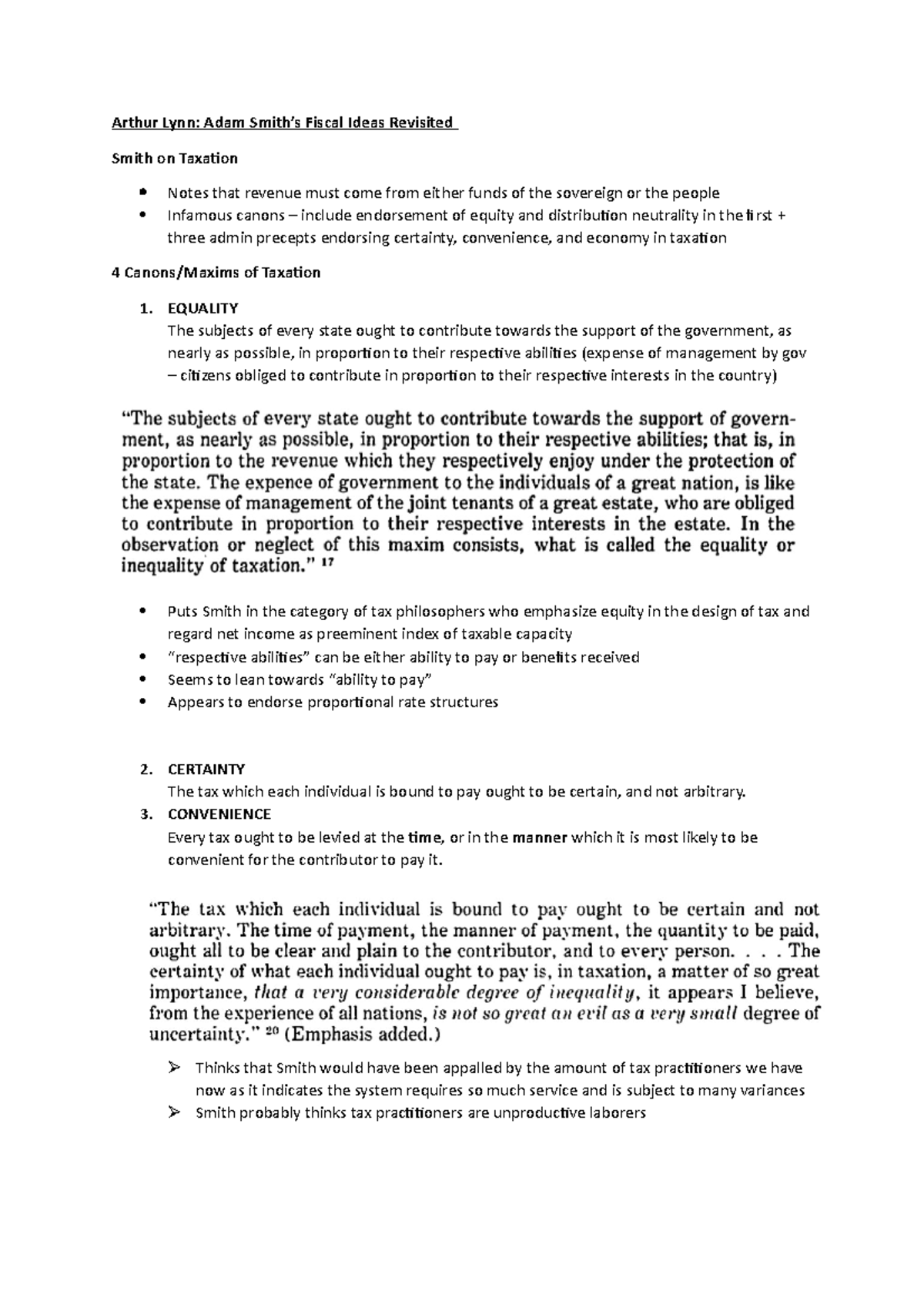 Adam Smith's canons - Lecture notes 1 - Arthur Lynn: Adam Smith’s ...