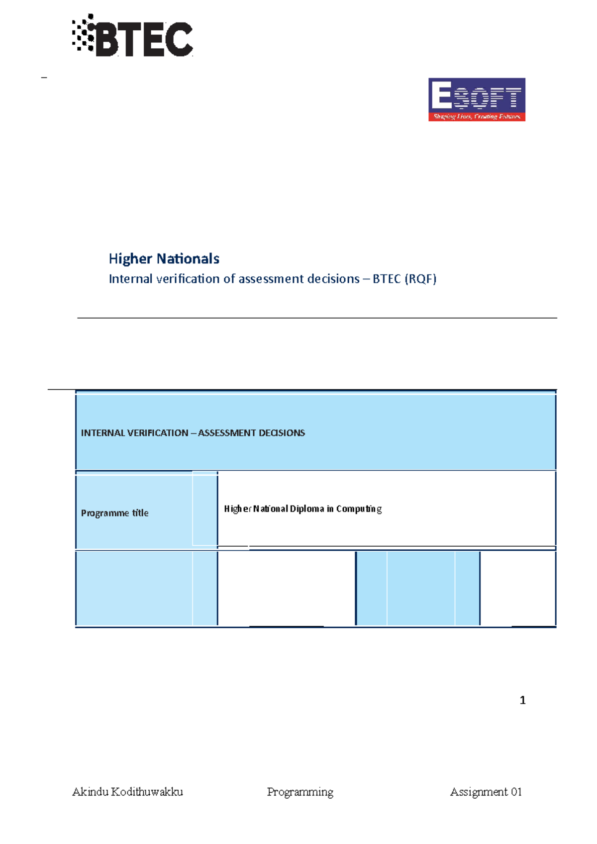 Program assign - Higher Nationals Internal verification of assessment ...