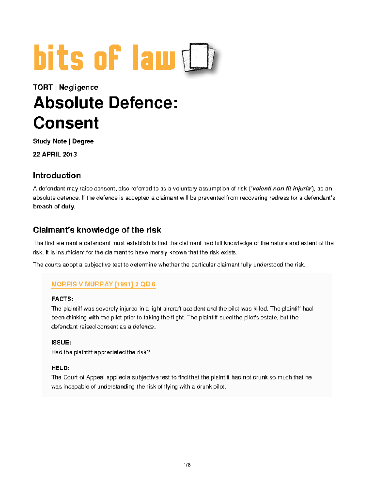 Absolute defence consent volenti non fit injuria - bits of law TORT ...