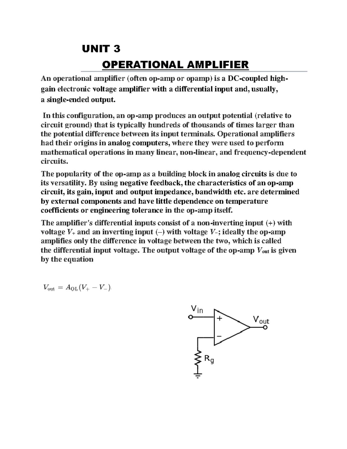 UNIT 3 BEE - Analog - UNIT 3 OPERATIONAL AMPLIFIER An operational amplifier (often op-amp or ...