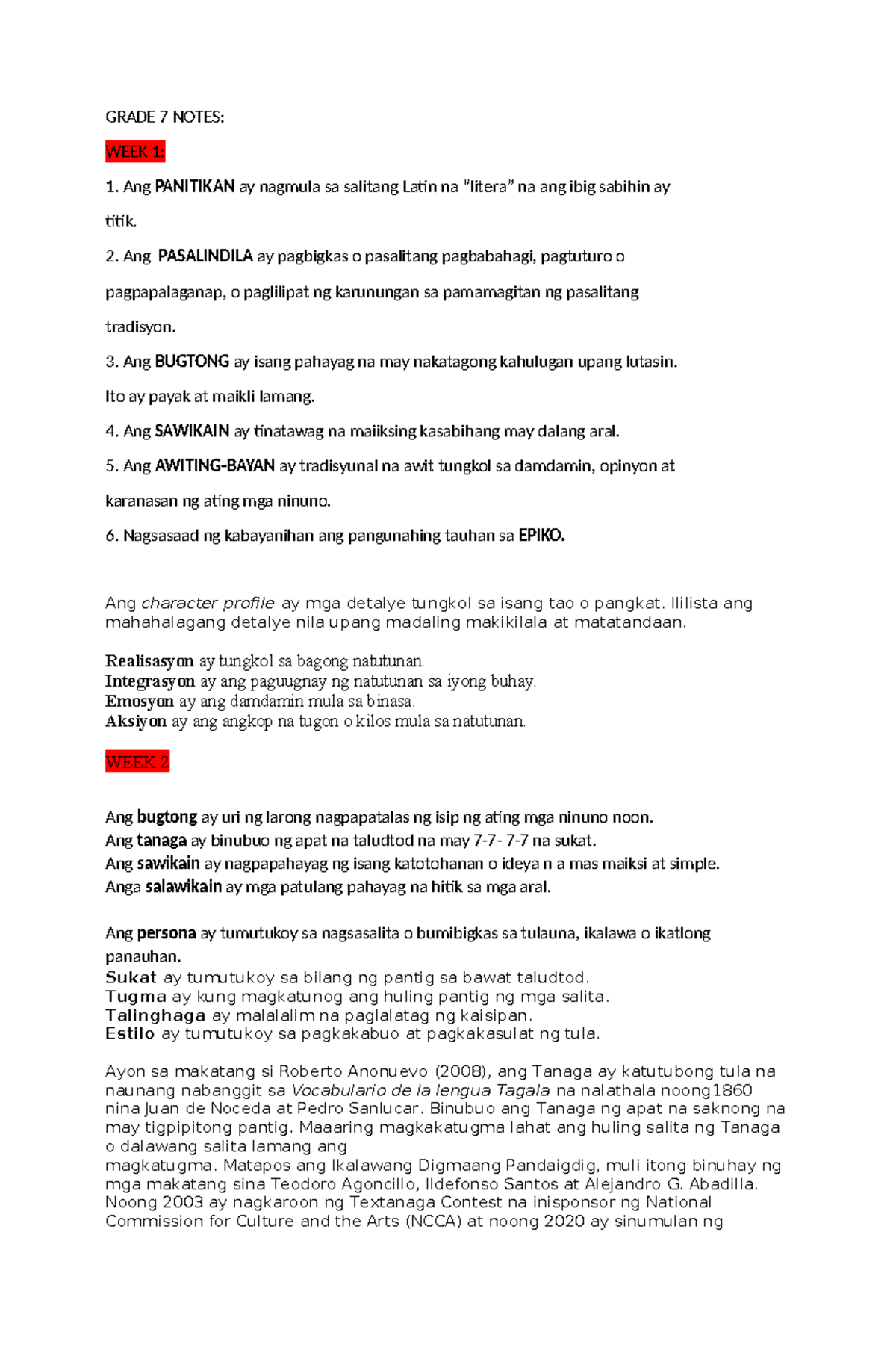 Grade-7- Notes - Grade 7 Filipino - GRADE 7 NOTES: WEEK 1: 1. Ang ...