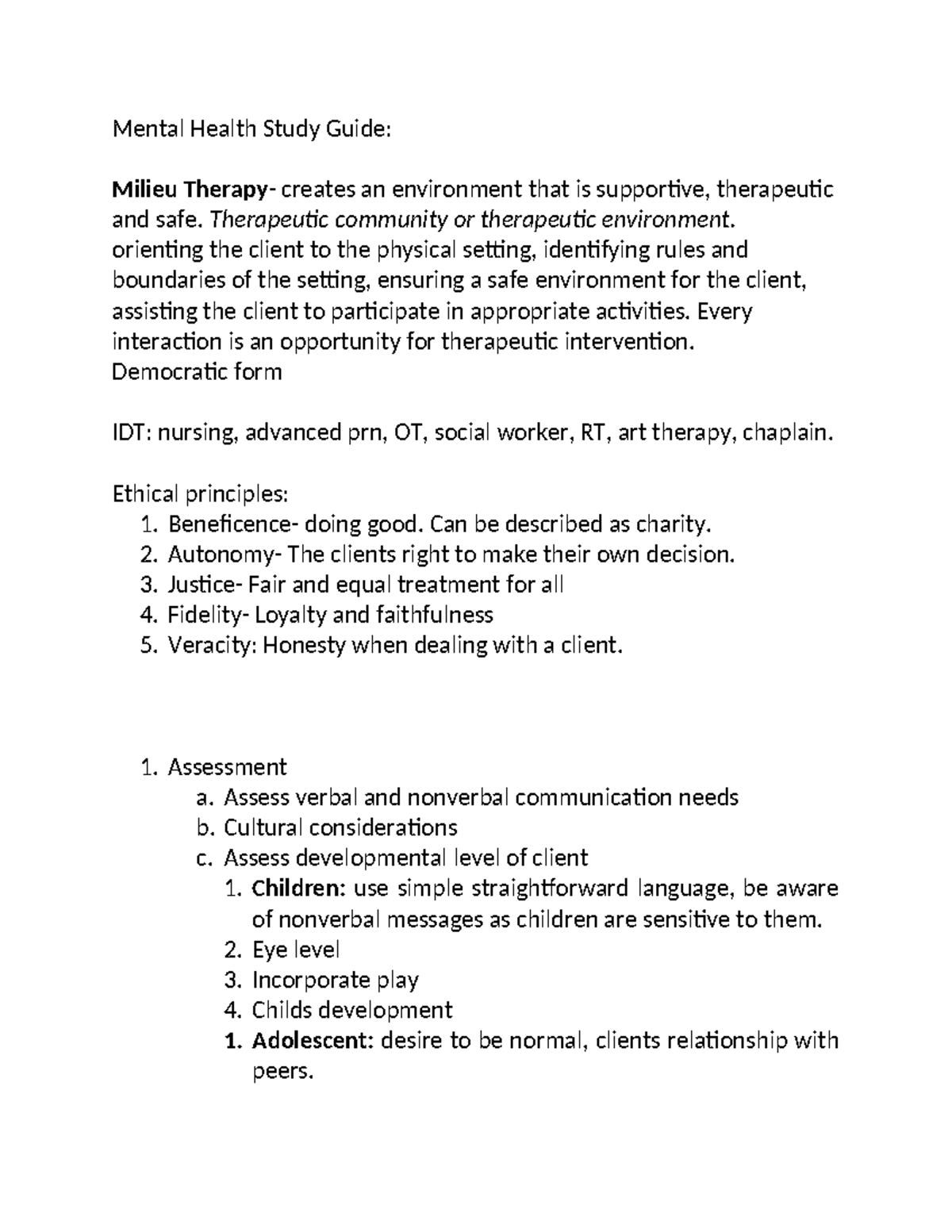 Mental Health Study Guide Exam 1 - Mental Health Study Guide: Milieu ...