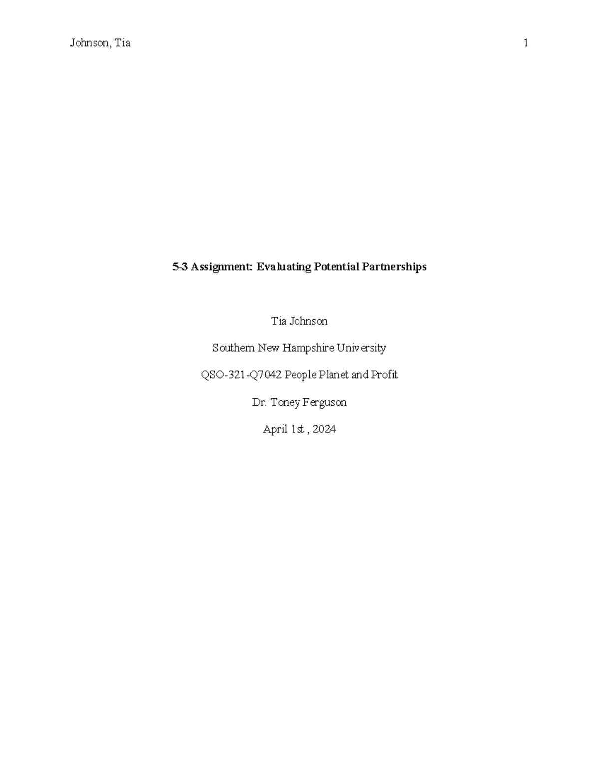 QSO 321 Module 5-3 Assignment - 5-3 Assignment: Evaluating Potential Partnerships Tia Johnson ...