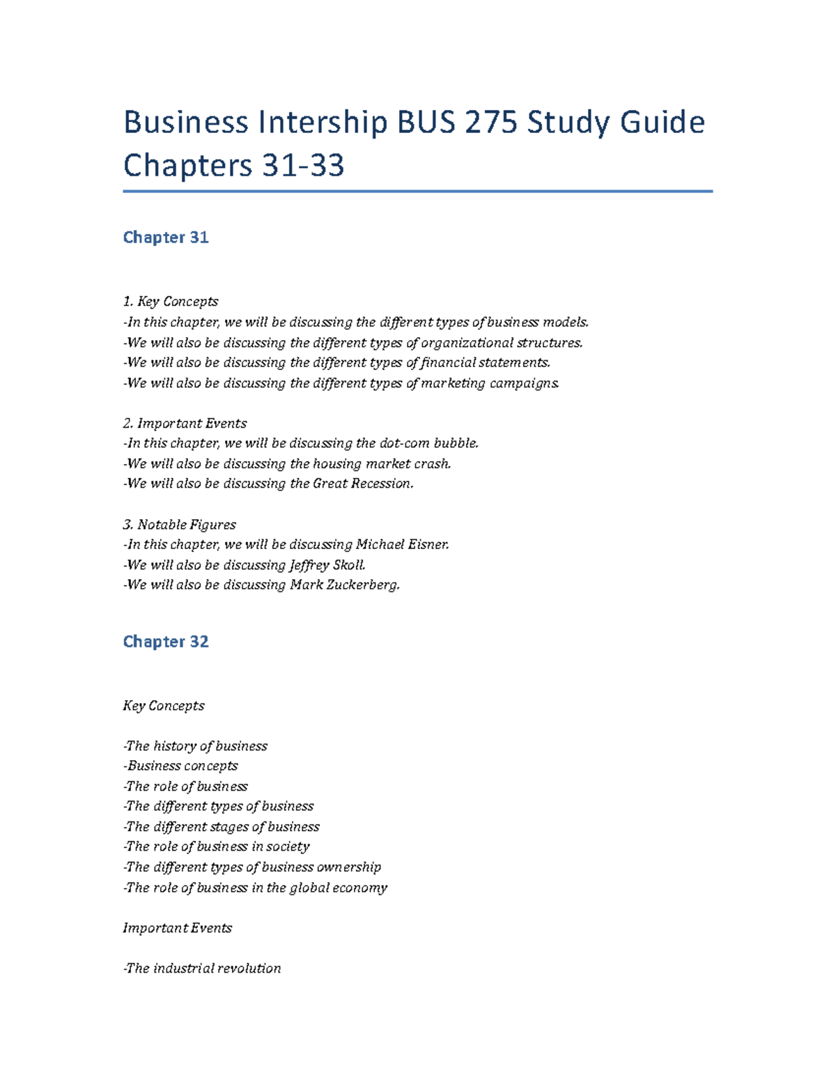 Business Intership BUS 275 Study Guide Chapters 31-33 - Business ...