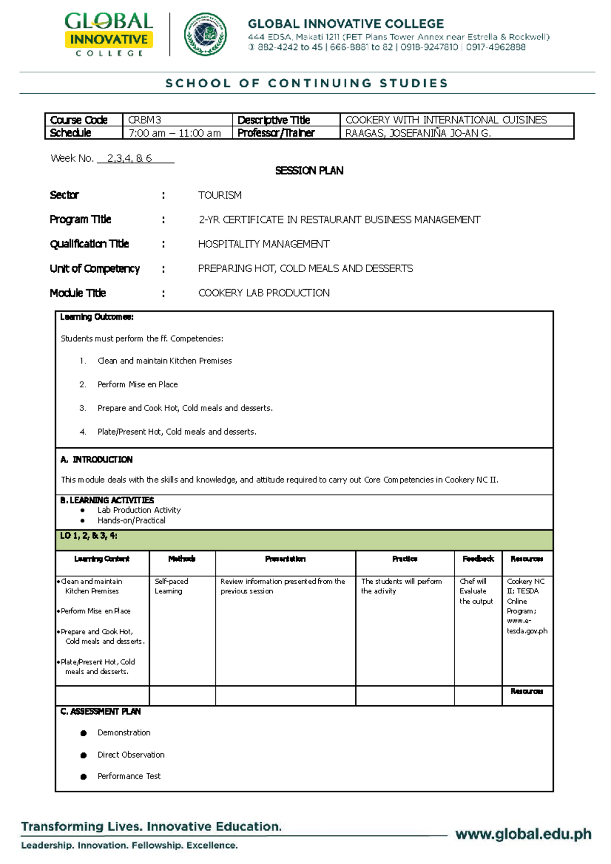 CRBM 3 - WEEK 2-4 6 - Weekly Session Plan for restaurant and Business ...