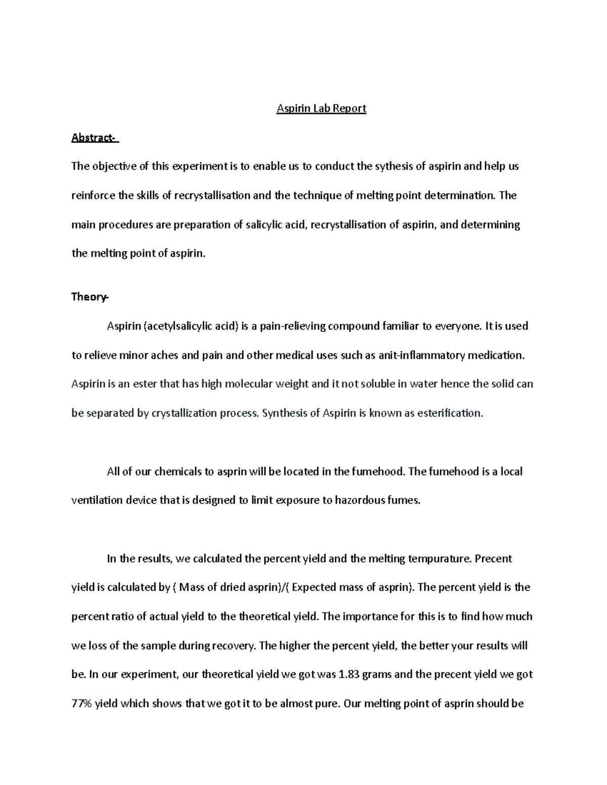 Aspirin Lab Report - Aspirin Lab Report Abstract- The objective of this ...