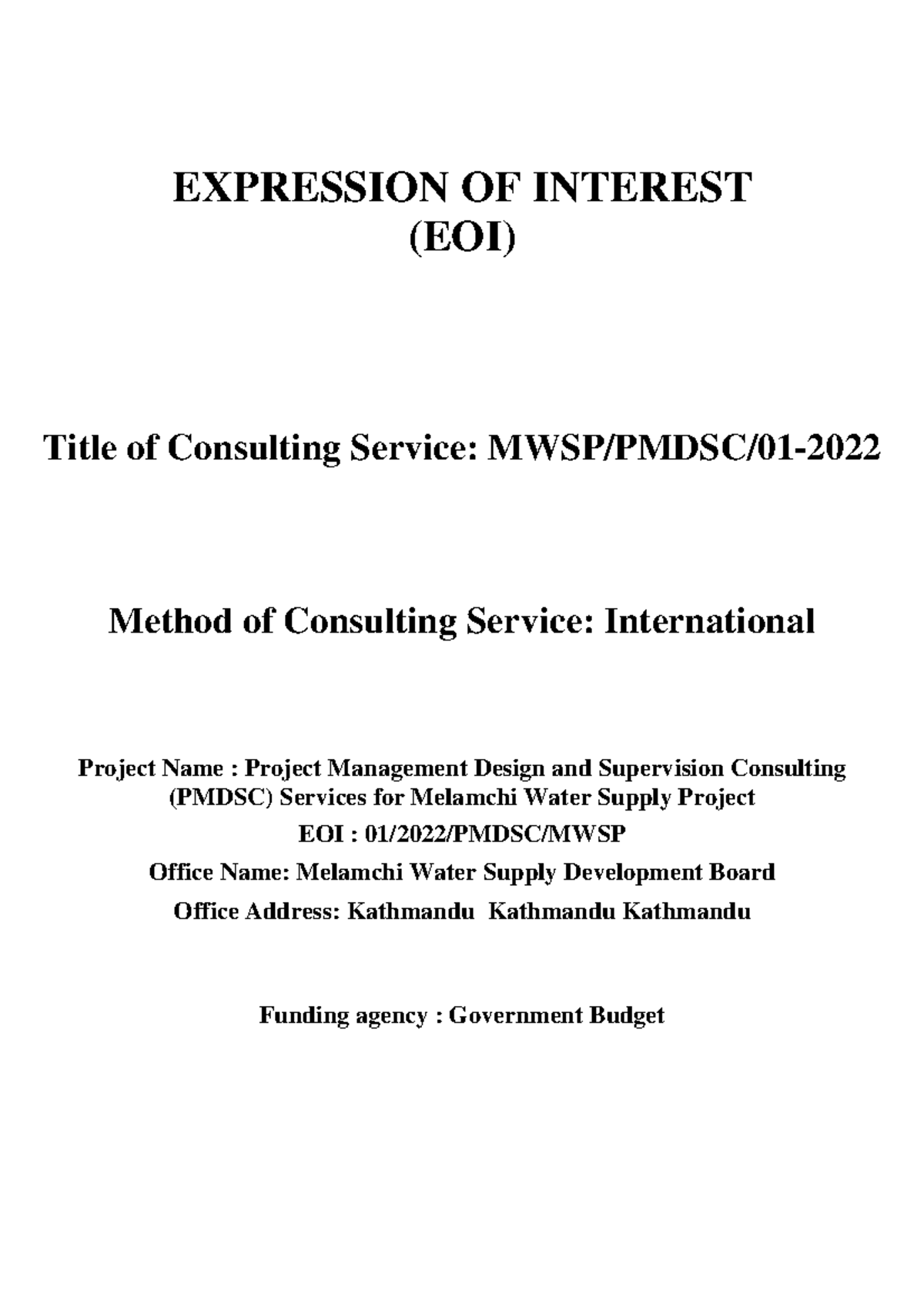EOI MWSP - EXPRESSION OF INTEREST (EOI) Title of Consulting Service ...