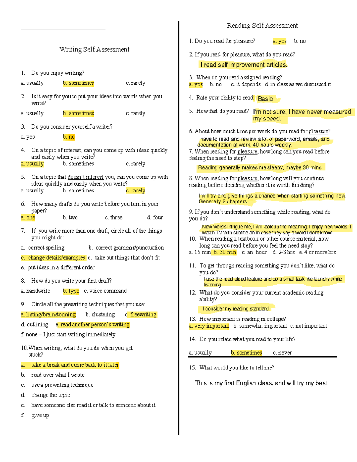 Reading Self Assessment Module 1 - ________________________ Writing ...
