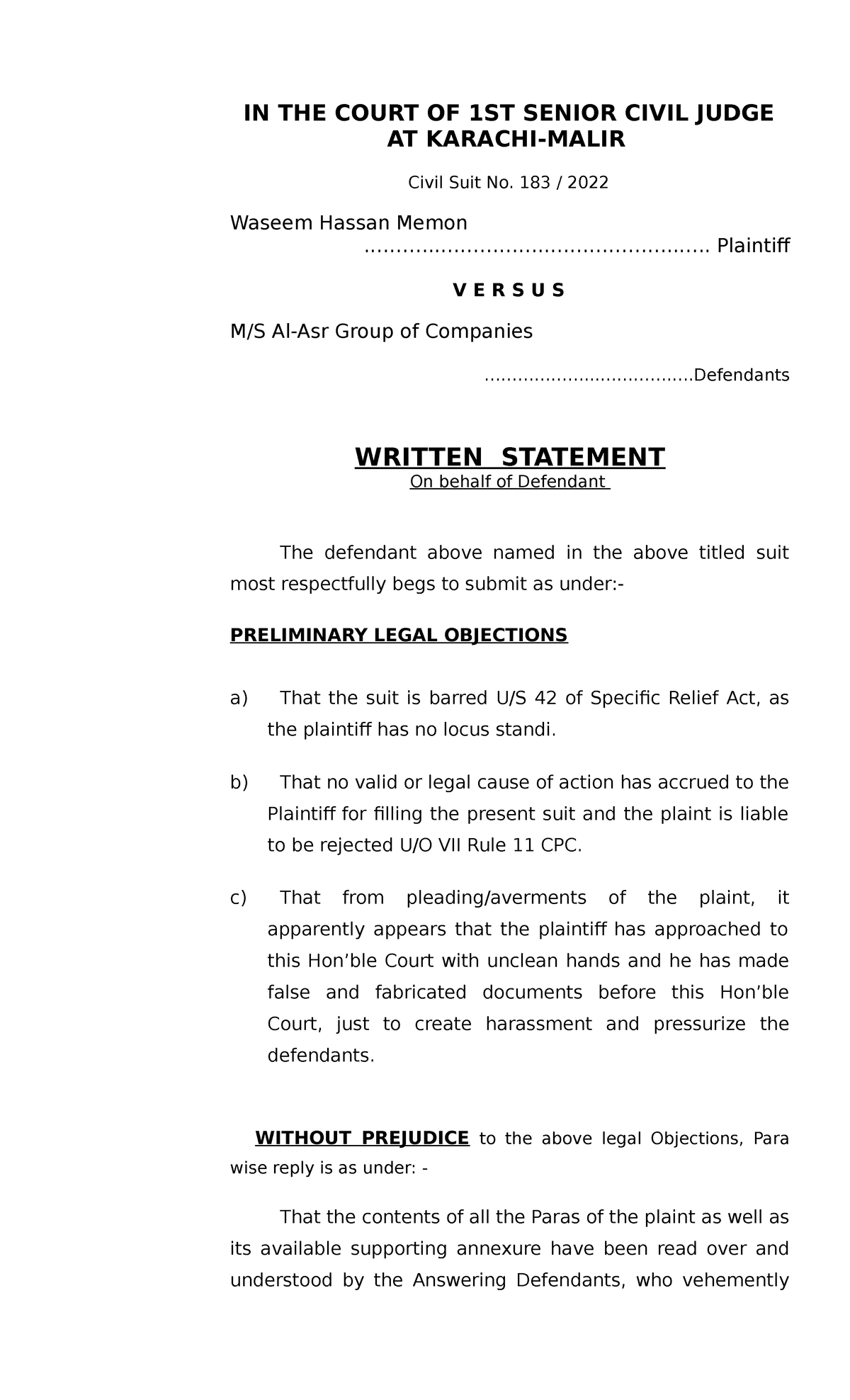 Waseem hassan memon - Written statement on Civil Matter - IN THE COURT ...