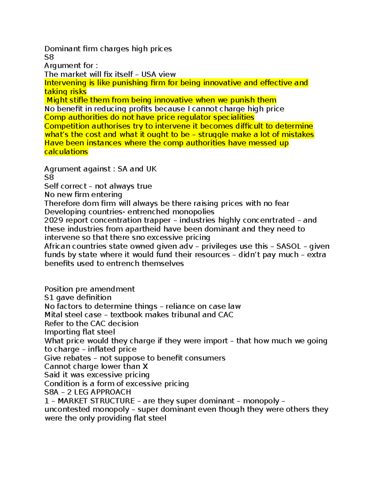 Excessive Pricing Class - Dominant firm charges high prices S Argument ...