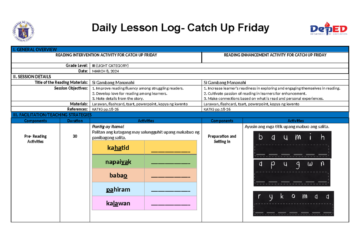Reading- Filipino - DLL - Daily Lesson Log- Catch Up Friday I. GENERAL ...