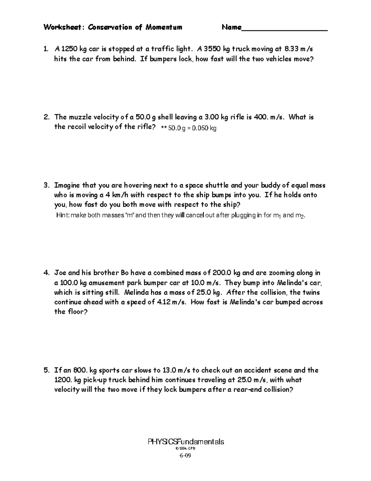 Conservationofmomentumwkst just page 1 - Worksheet: Conservation of ...
