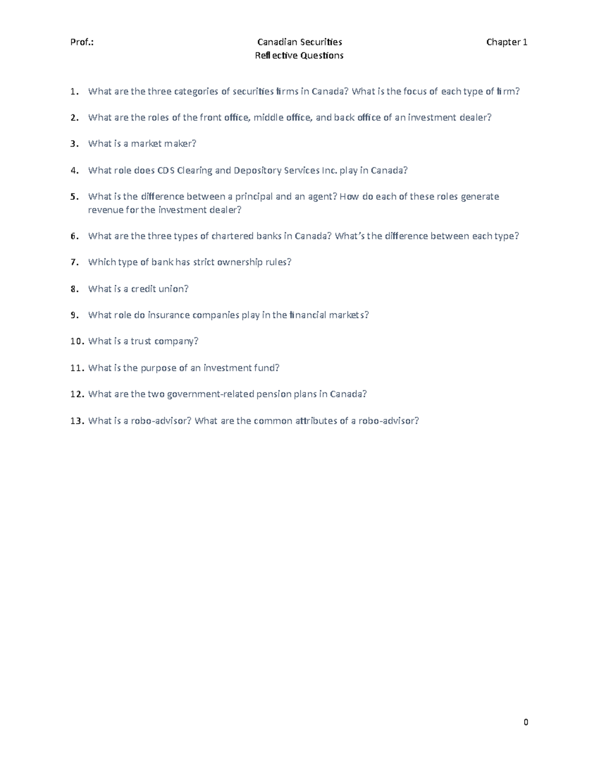 Canadian Securities - Reflective Questions - Chapter 1 - Prof ...