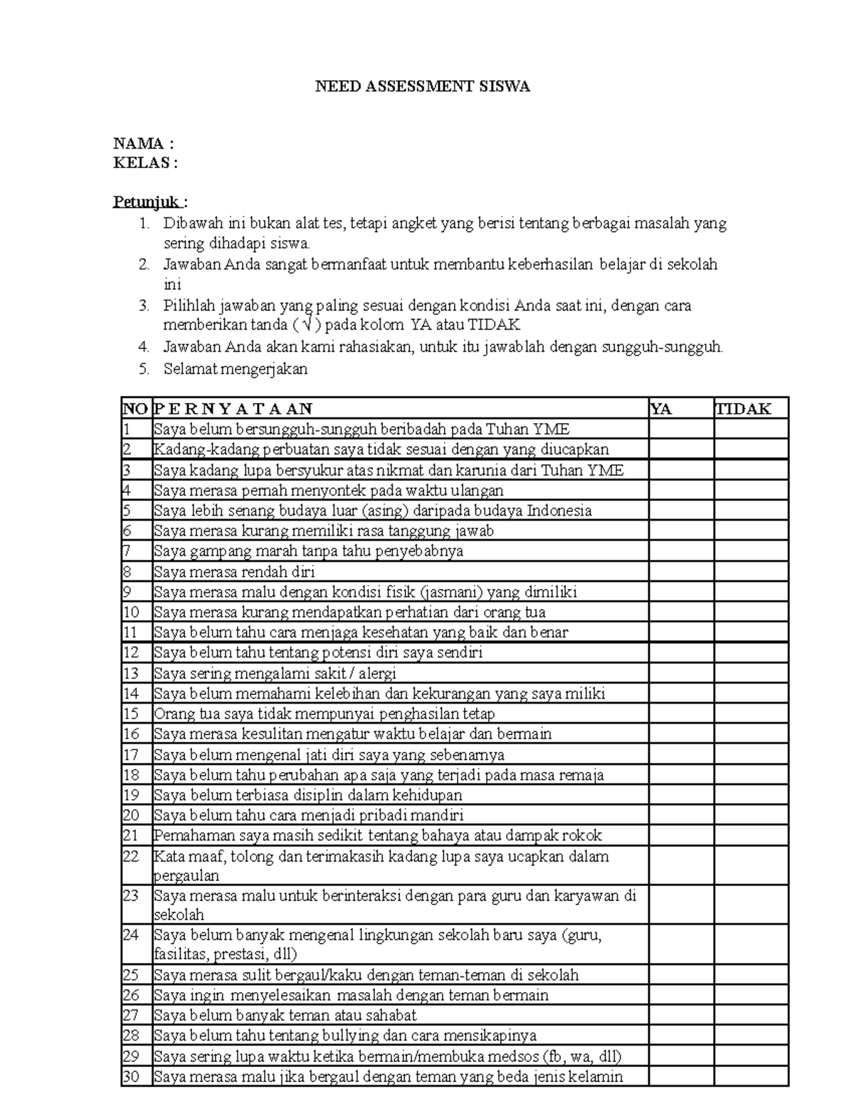 NEED Assessment Siswa - Need asesmen BK SMP - NEED ASSESSMENT SISWA ...