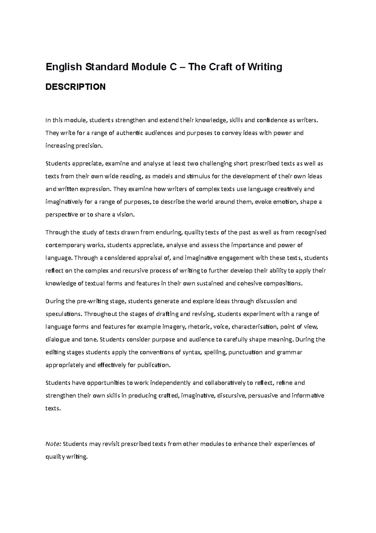 Craft of Writing Rubric - English Standard Module C – The Craft of ...