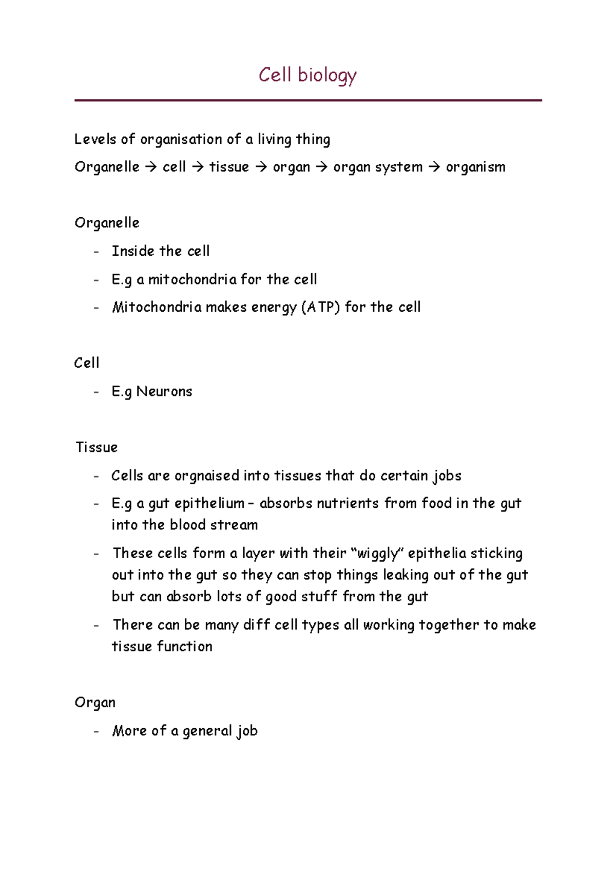 2. Cell biology - Lecture notes 2 - Cell biology Levels of organisation ...