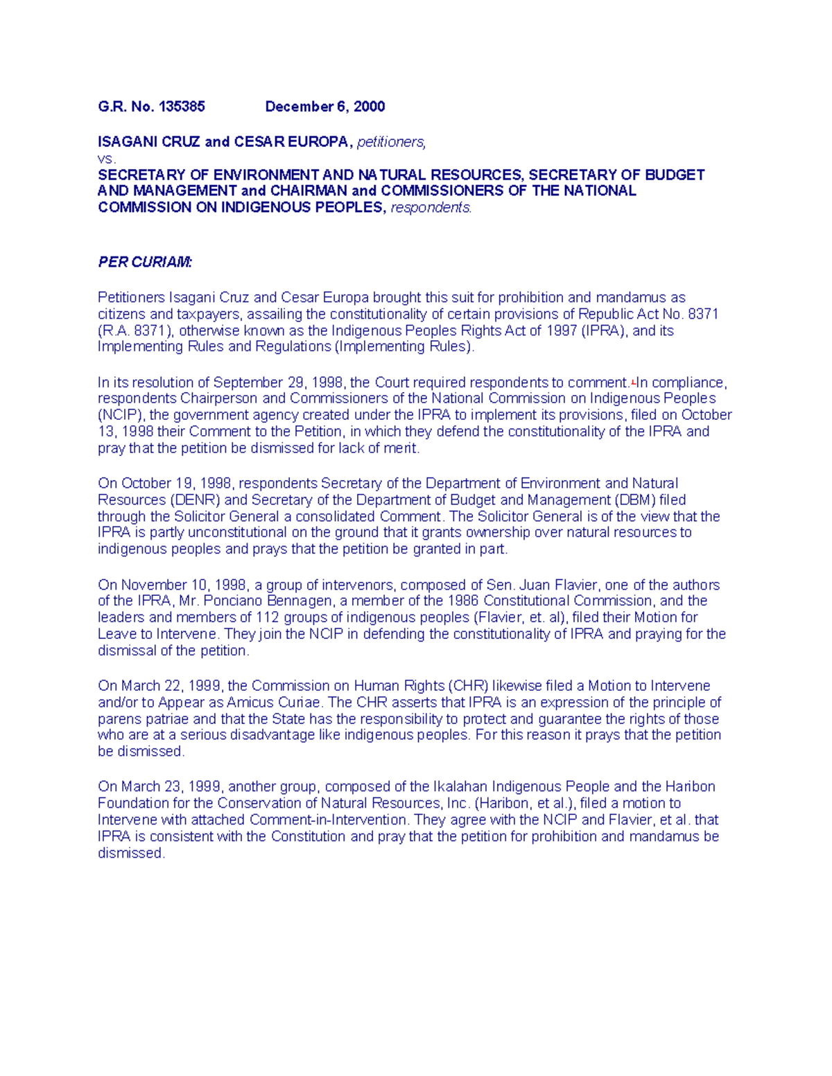 1. Isagani Cruz vs. Secretary of DENR (o RIG CASE) - G. No. 135385 ...