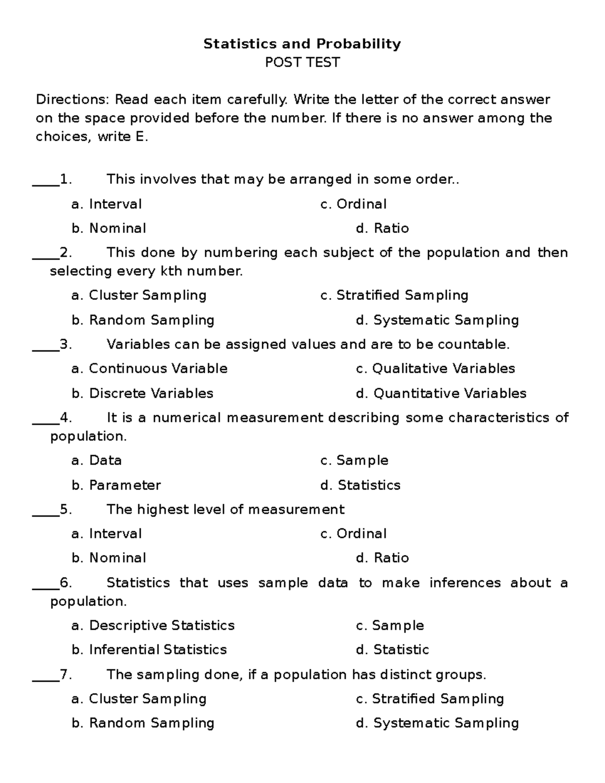 statistics and probability_Posttest for quarterly - Statistics and ...