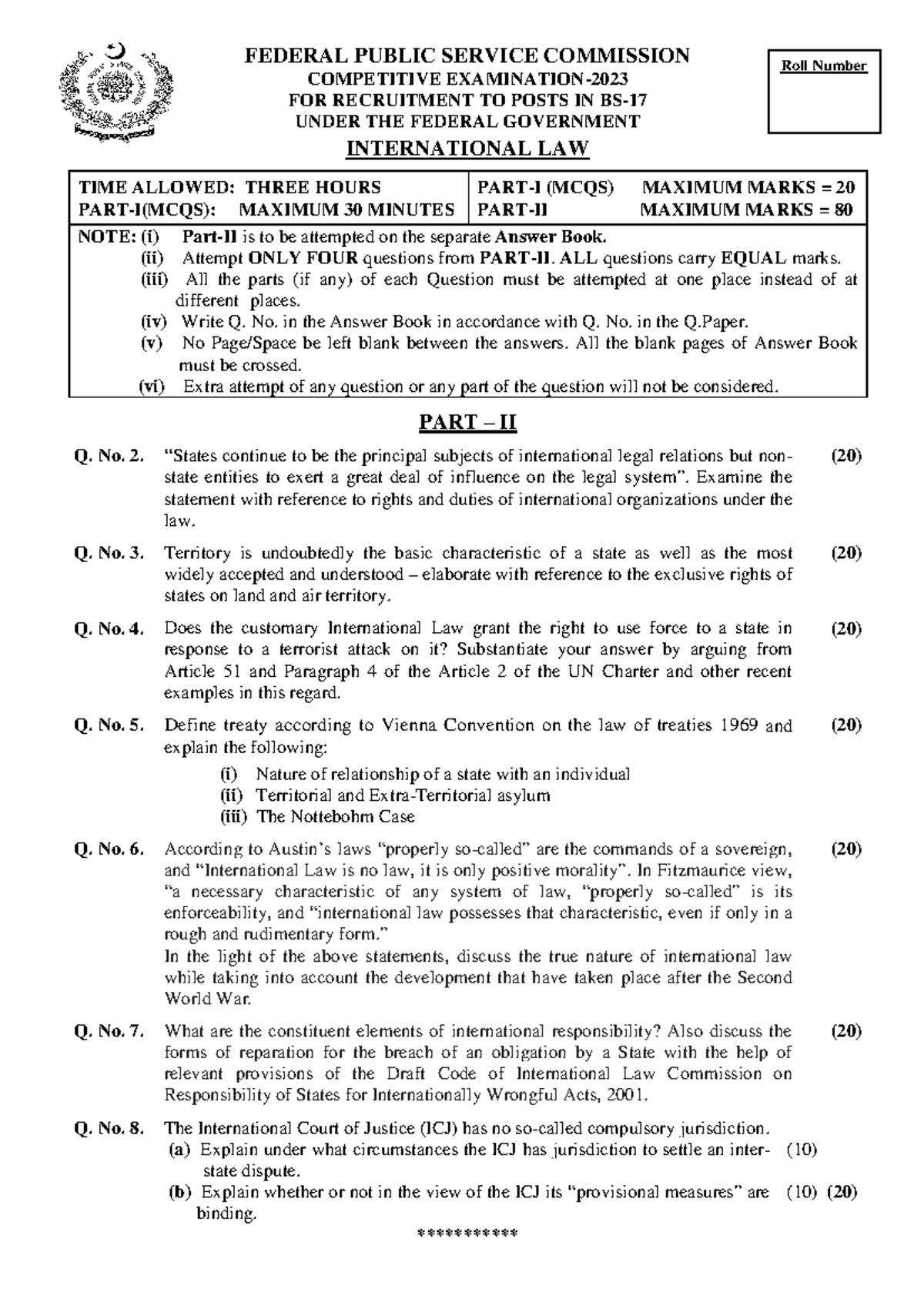 International law css past paper 2023 - TIME ALLOWED: THREE HOURS PART ...