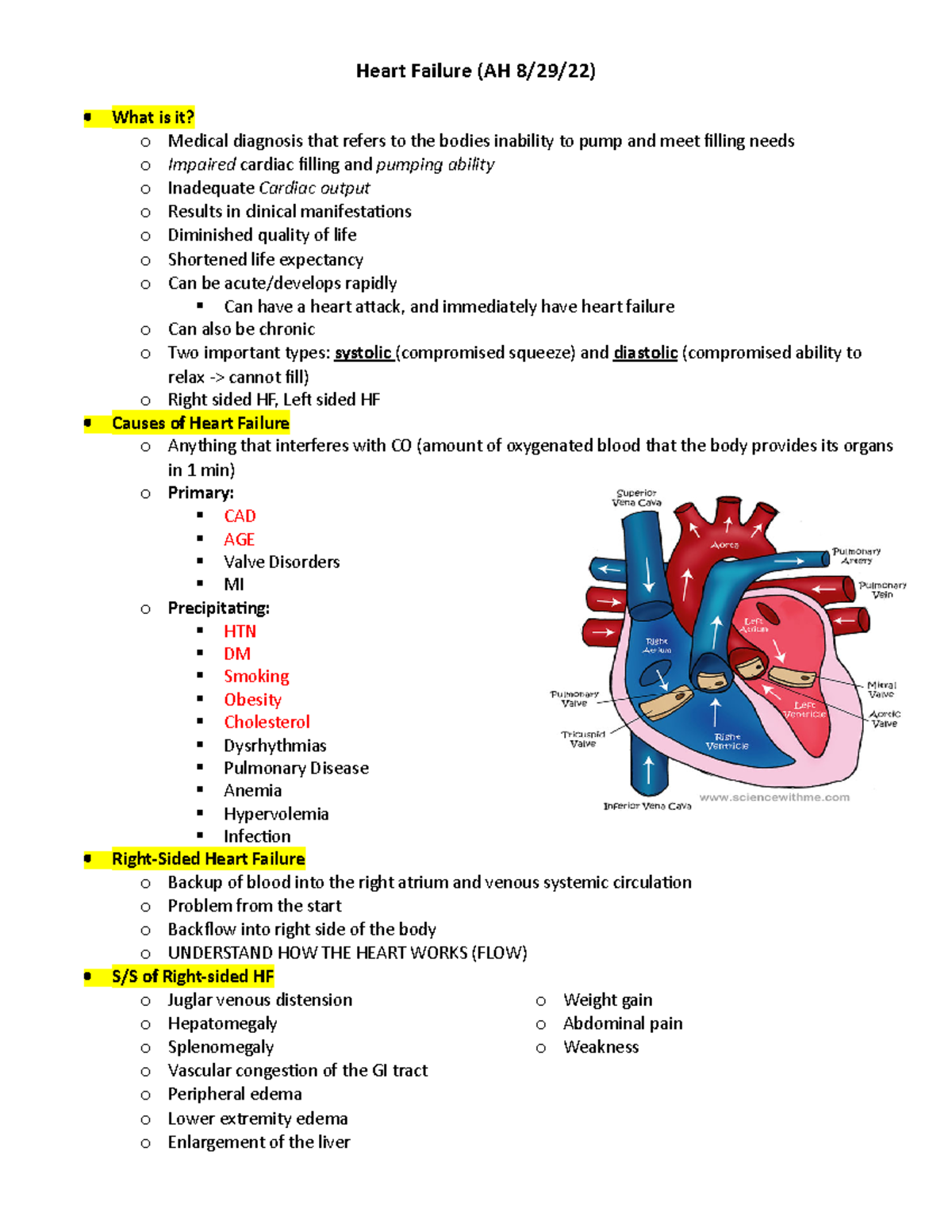 Heart Failure Notes - Heart Failure (AH 8/29/22) What is it? o Medical ...
