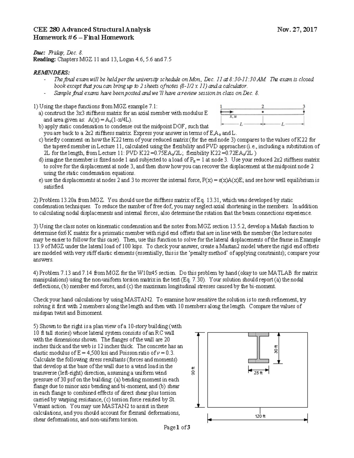 Homework Assignment 6 - CEE 280 Advanced Structural Analysis Homework ...