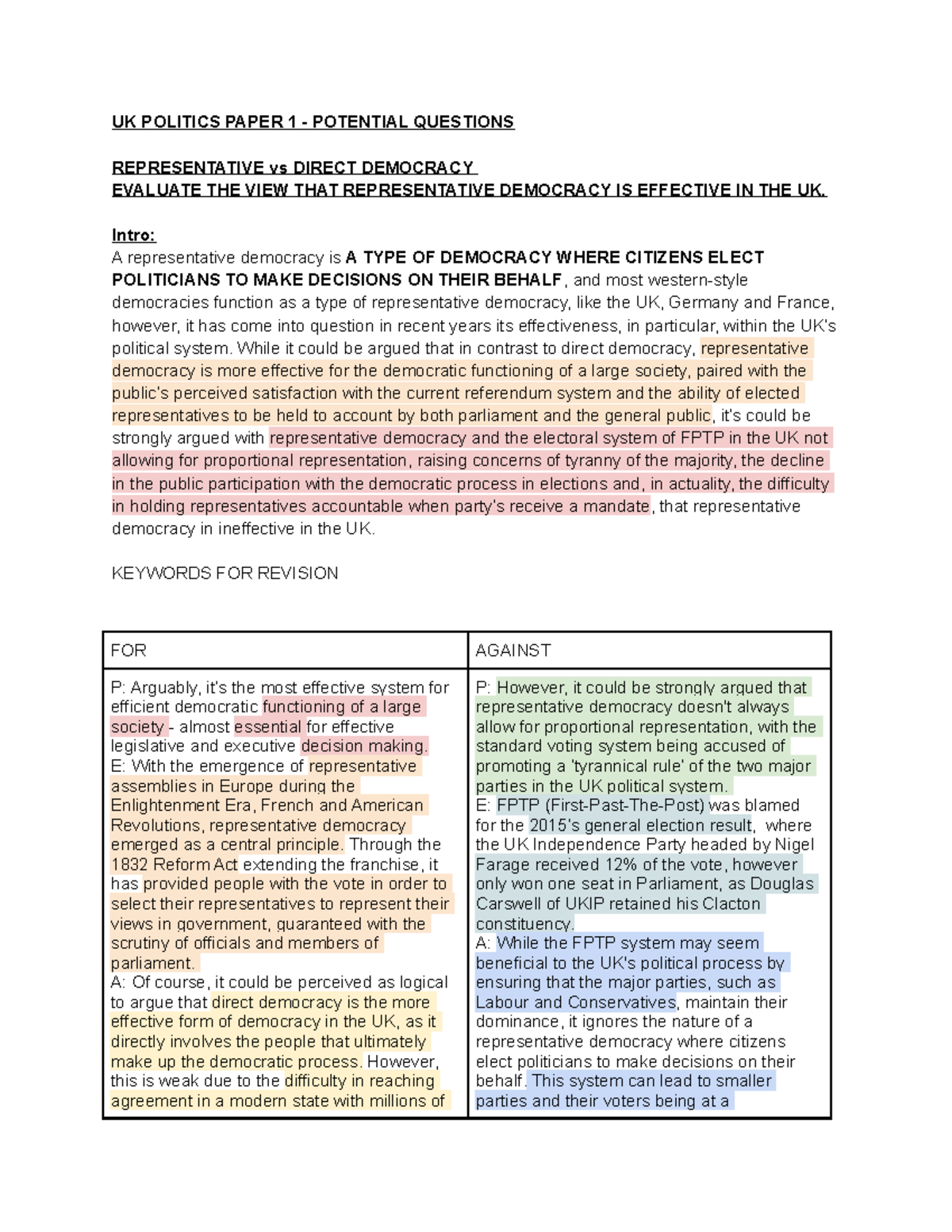 UK Politics Paper 1 - Potential Questions - UK POLITICS PAPER 1 - POTENTIAL QUESTIONS ...