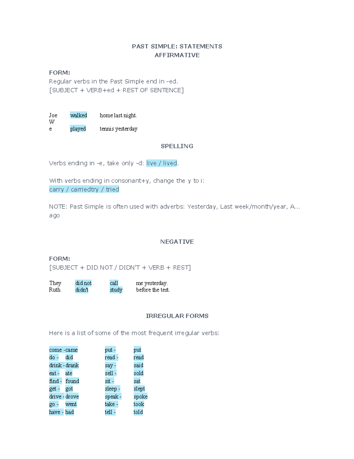 PAST Simple Statements - PAST SIMPLE: STATEMENTS AFFIRMATIVE FORM ...