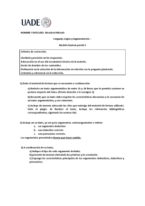 Modelo de 1er parcial 2023 - Lenguaje, Lógica y Argumentación - UADE - Studocu