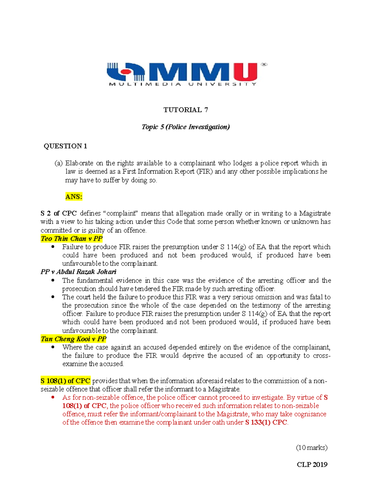 Criminal Tutorial 7 - Reference only, not confirm - TUTORIAL 7 Topic 5 (Police Investigation ...