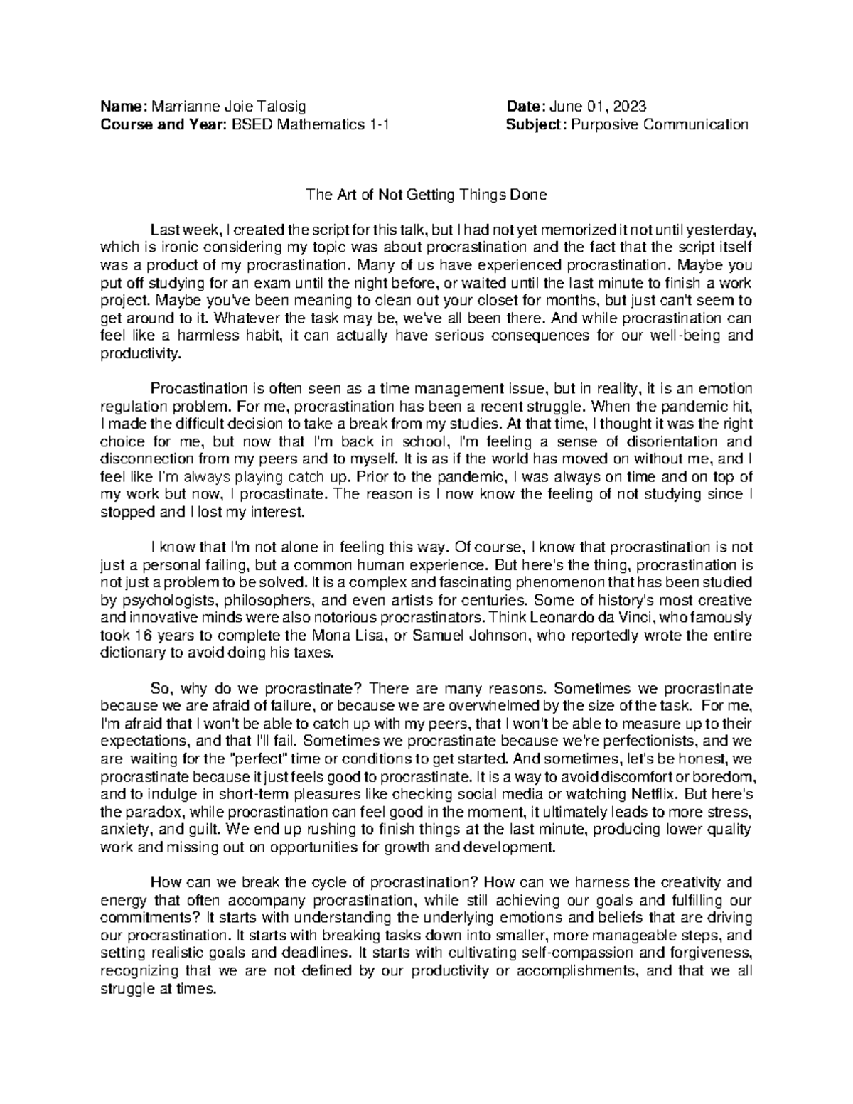 TED TALK - Its about procrastination its a tedtalk script - Name ...