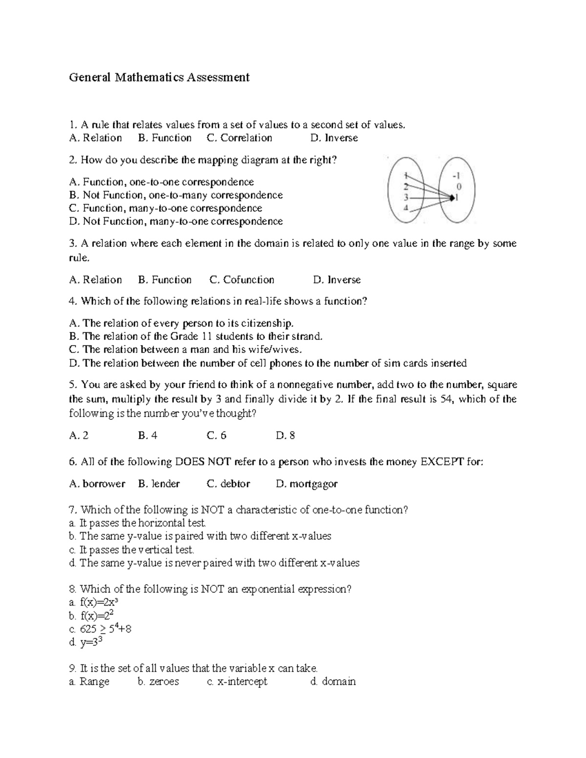 General Mathematics Assessment 1 - A. Relation B. Function C ...