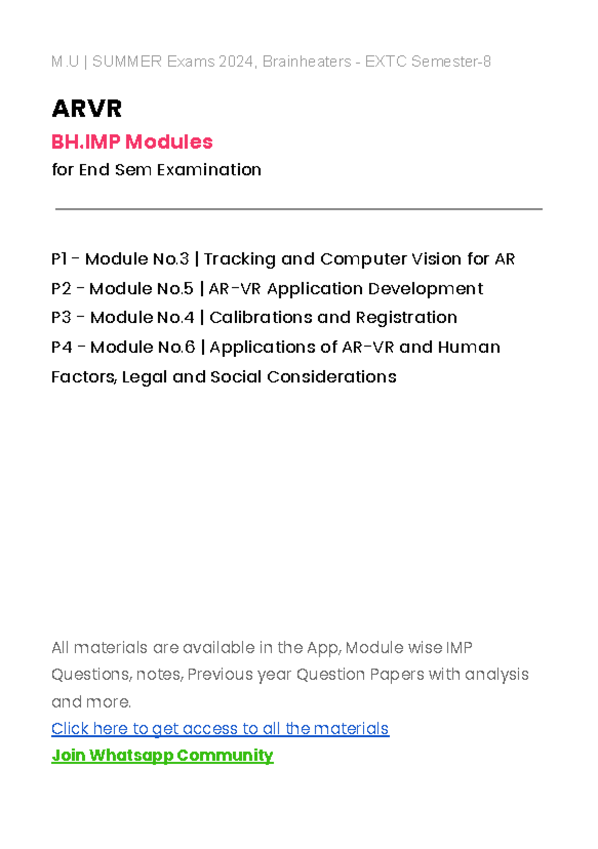 ARVR EXTC Sem8 Module Priority - M | SUMMER Exams 2024, Brainheaters - EXTC Semester- ARVR BH ...