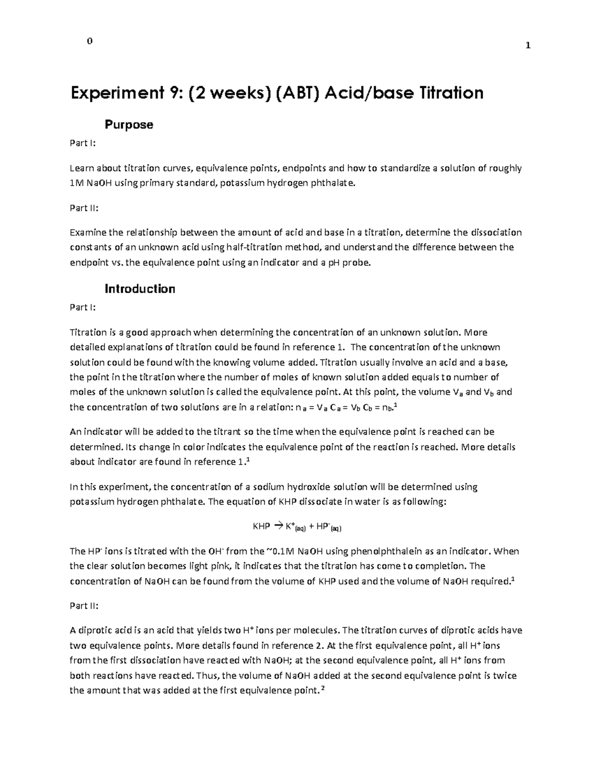 Titration Lab Report - Experiment 9: (2 weeks) (ABT) Acid/base ...
