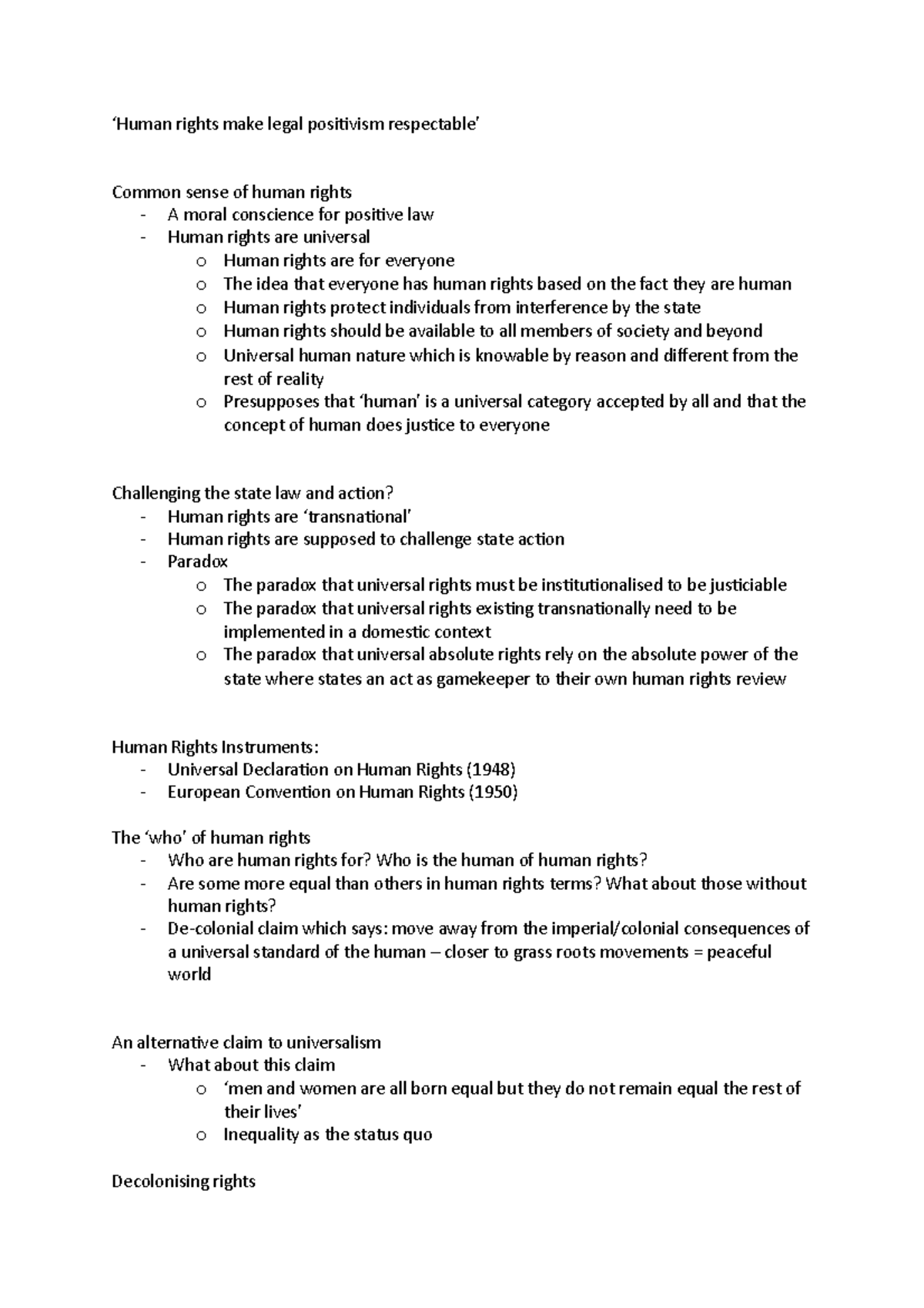Lecture 11 - Human Rights - ‘Human rights make legal positivism ...