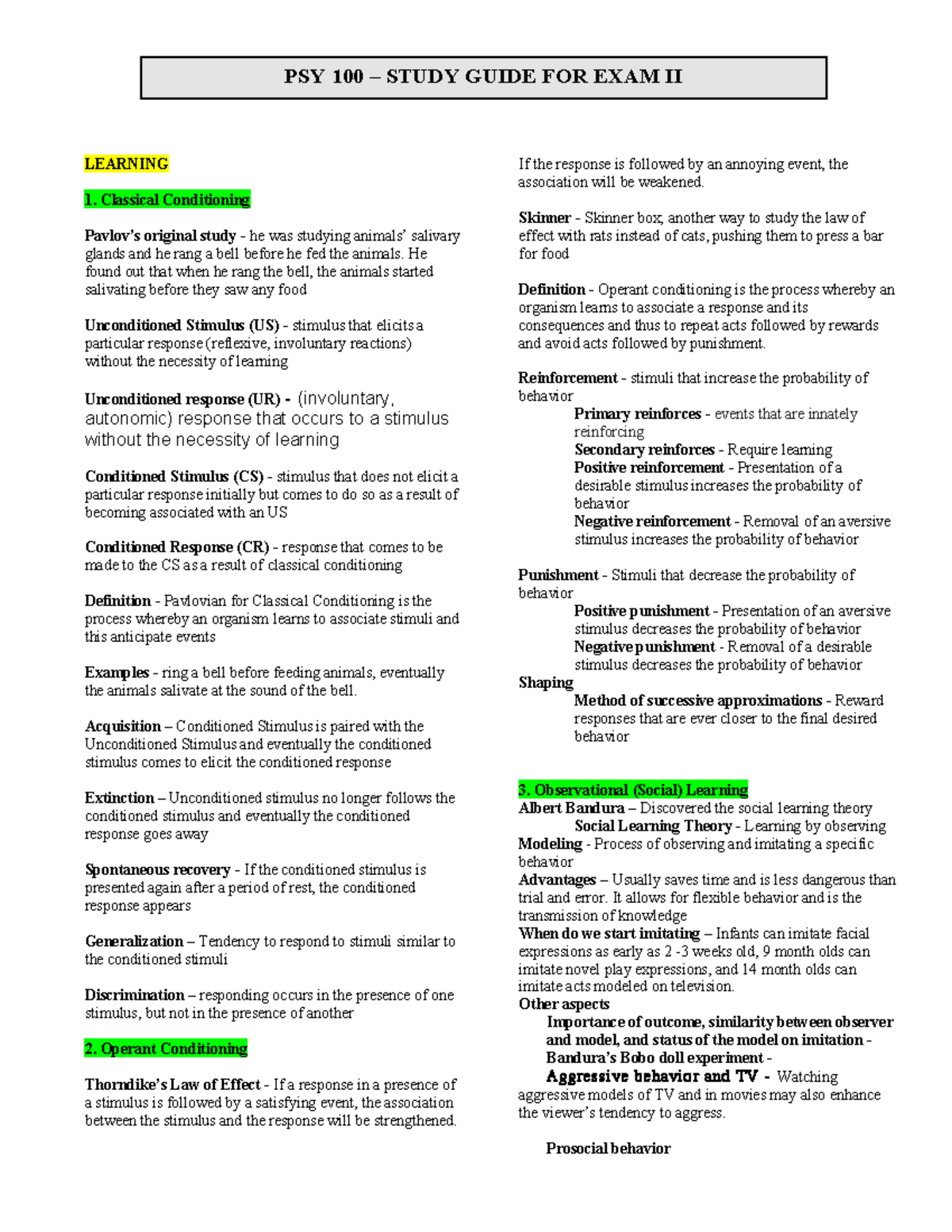 PSY 100 Exam 2 Study Guide - PSY 100 STUDY GUIDE FOR EXAM II LEARNING If the response is ...