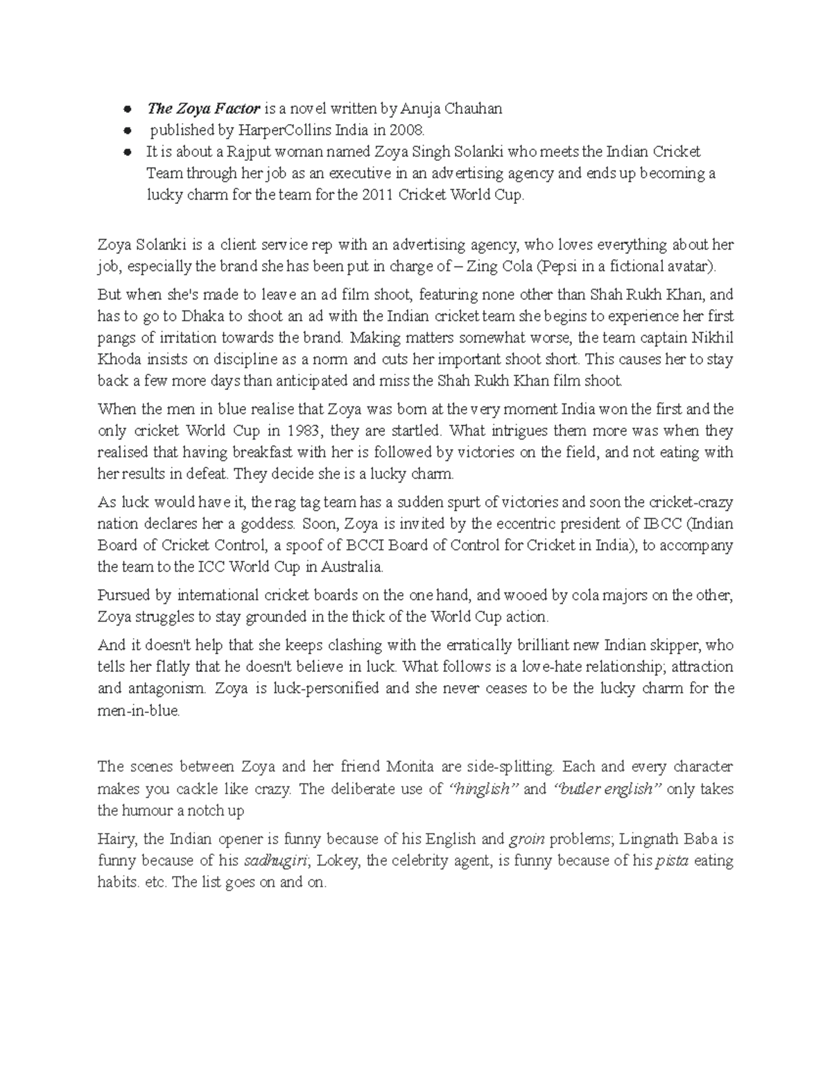 PLC THE ZOYA Factor - Ba English language and literature core - The ...