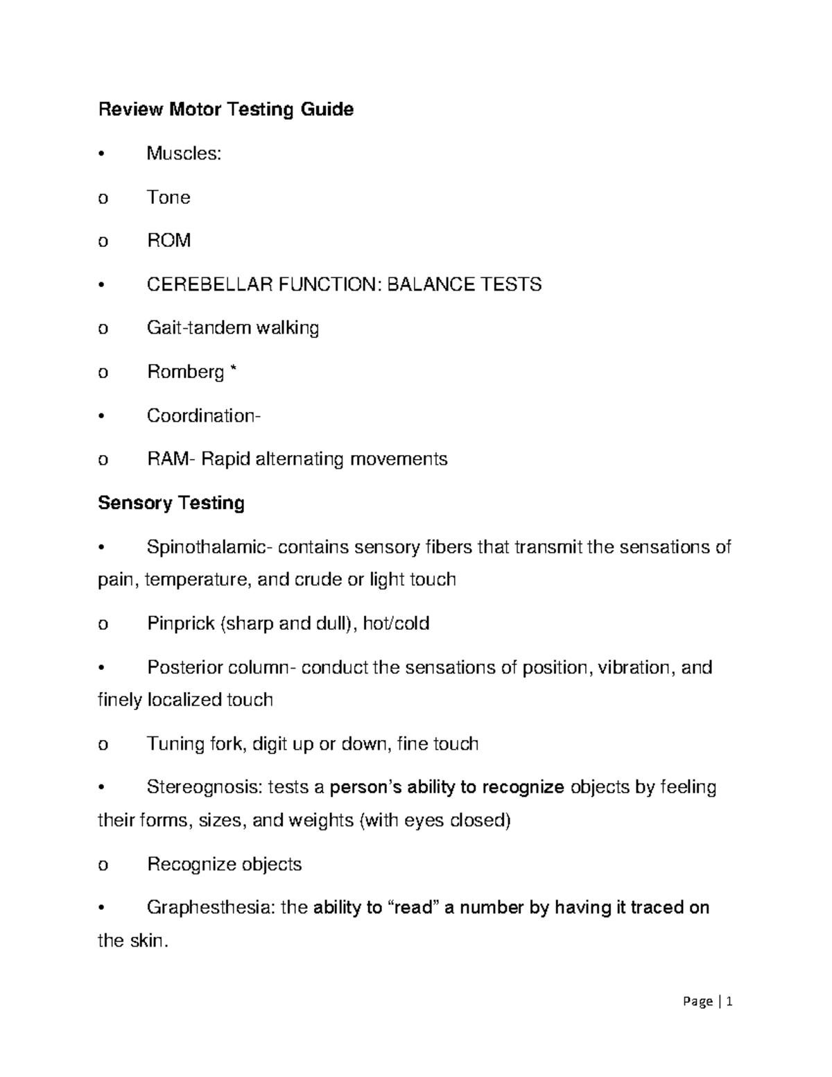 Review Motor Testing Guide - Review Motor Testing Guide Muscles: o Tone ...